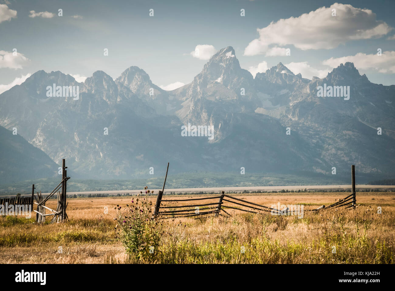 Abandoned farm buildings at Mormon Row on Antelope Flats overlooking ...