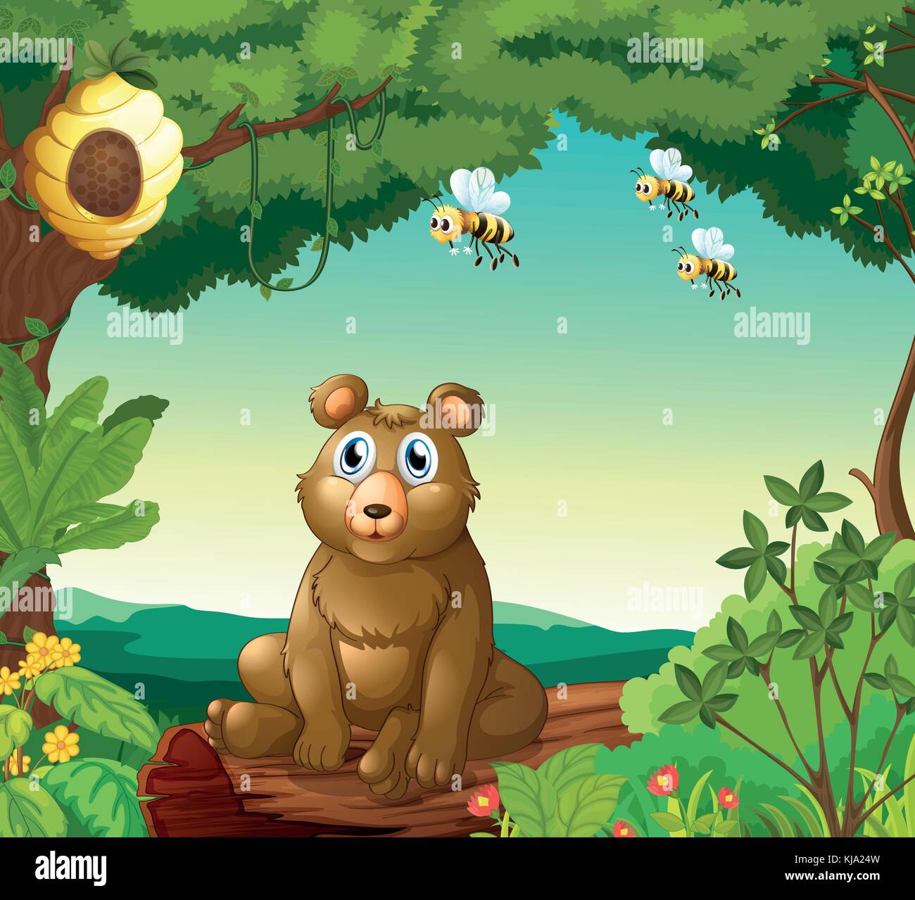 Illustration of a bear and the three bees in the forest Stock Vector ...