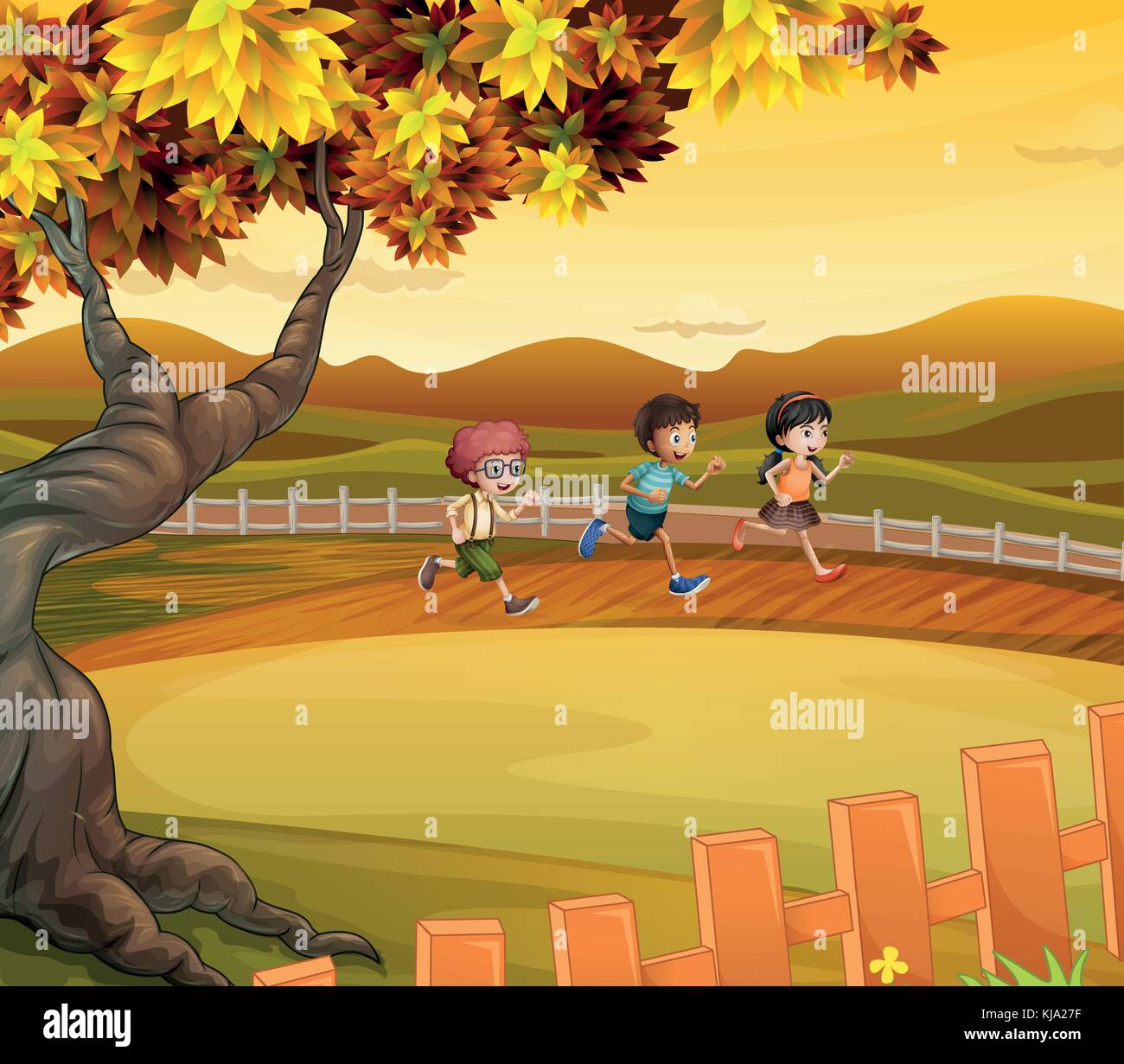 Illustration of the three kids running along the field Stock Vector ...