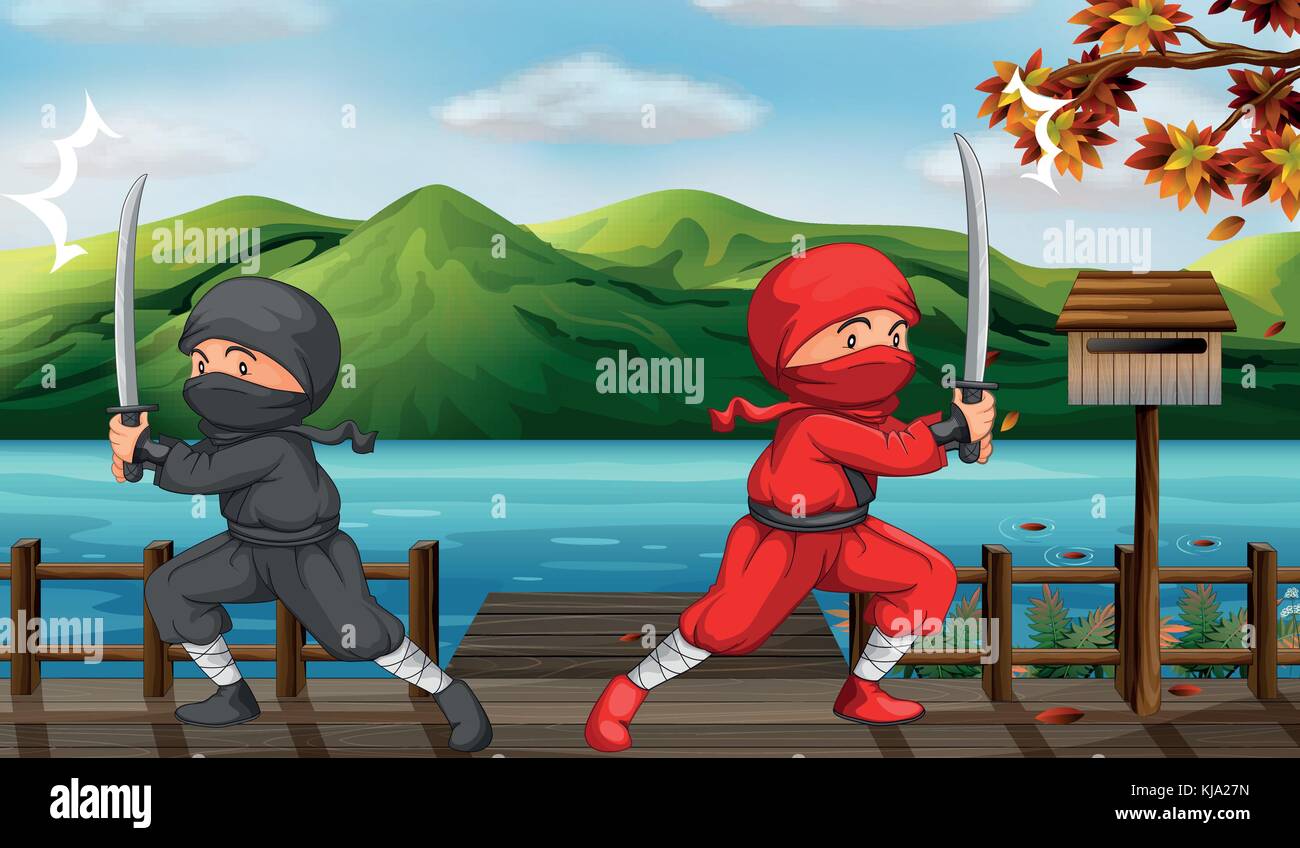 Illustration of two ninjas in the bridge Stock Vector Image & Art - Alamy