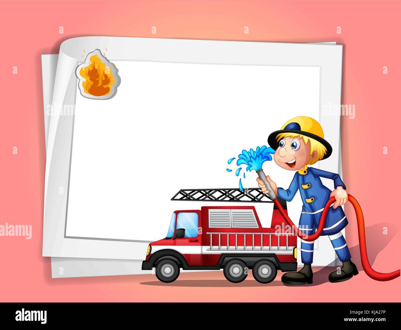 Illustration of a fireman with a water hose and a truck Stock Vector ...