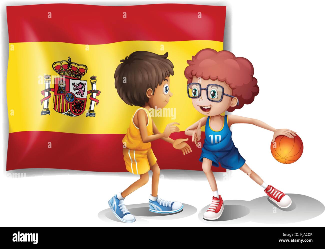 Illustration of the boys playing basketball with the flag of Spain on a ...