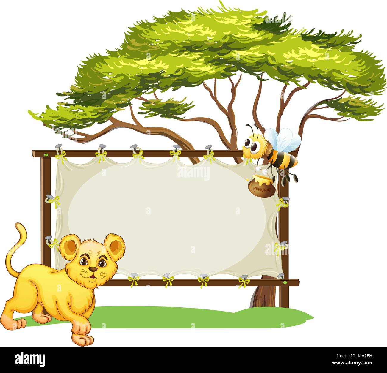 Illustration of a yellow tiger and a flying bee on a white background ...
