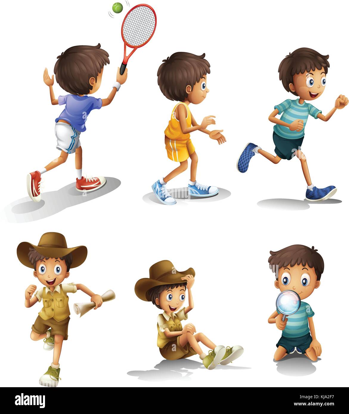 Illustration of the boys with different activities on a white ...