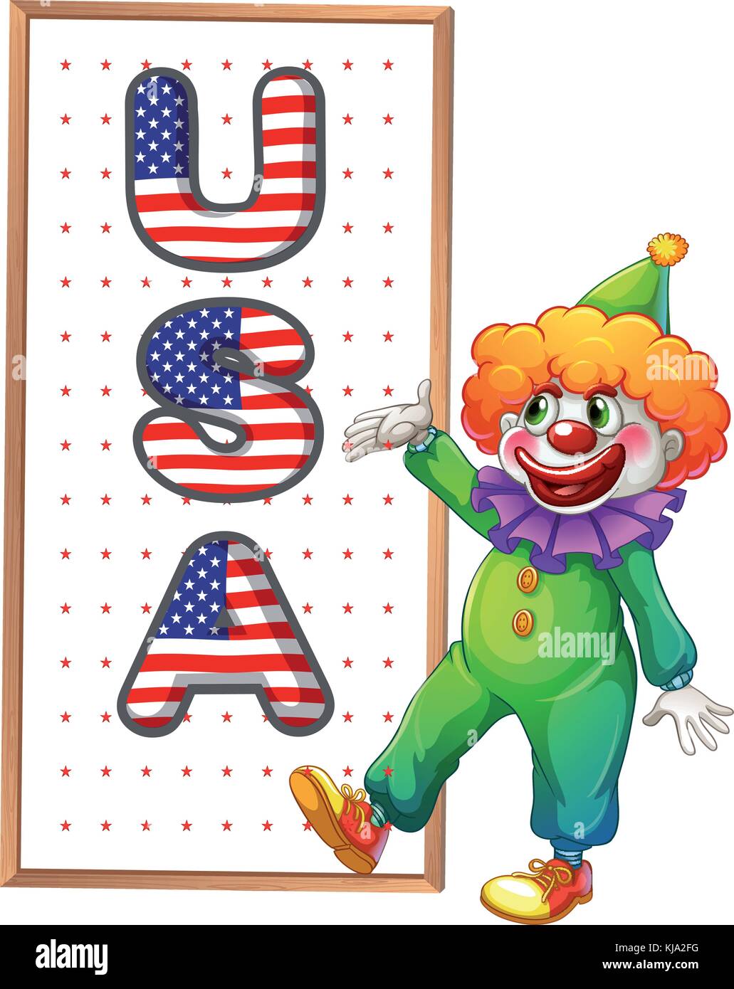 Illustration of a clown beside the framed USA word on a white ...