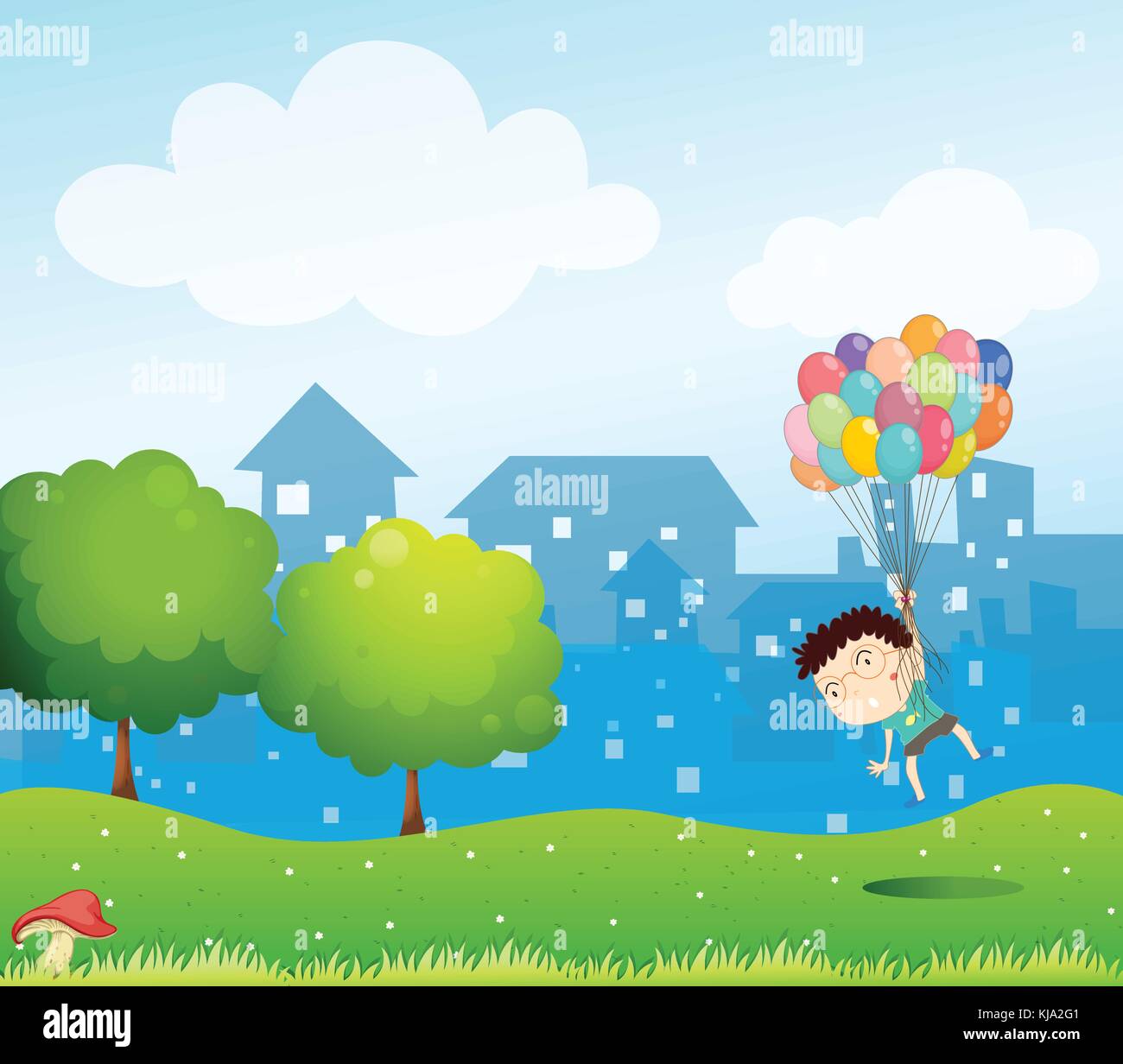 Illustration of a boy floating in the air with the balloons Stock ...