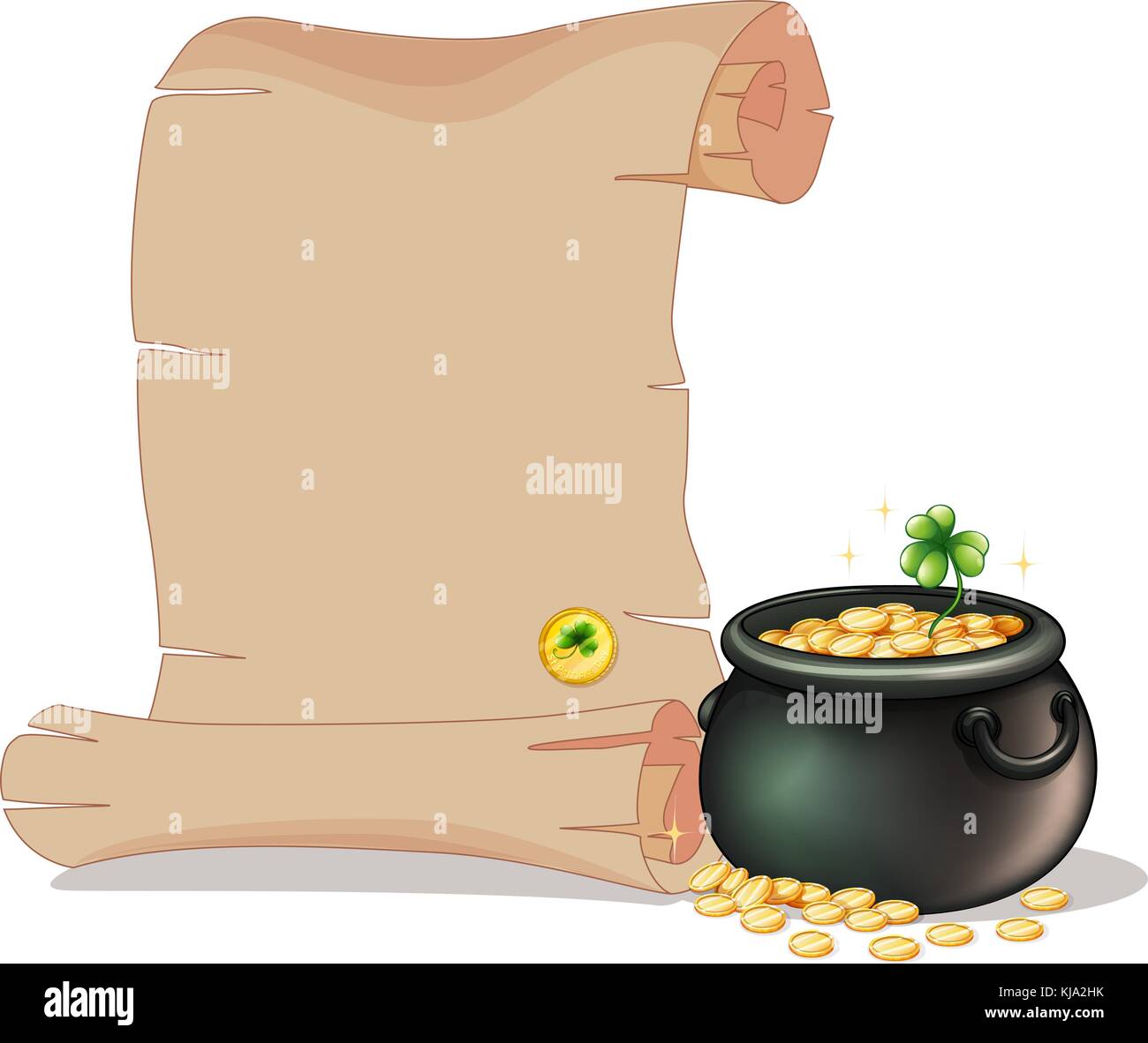 Illustration of a long brown paper beside a pot of gold coins on a ...