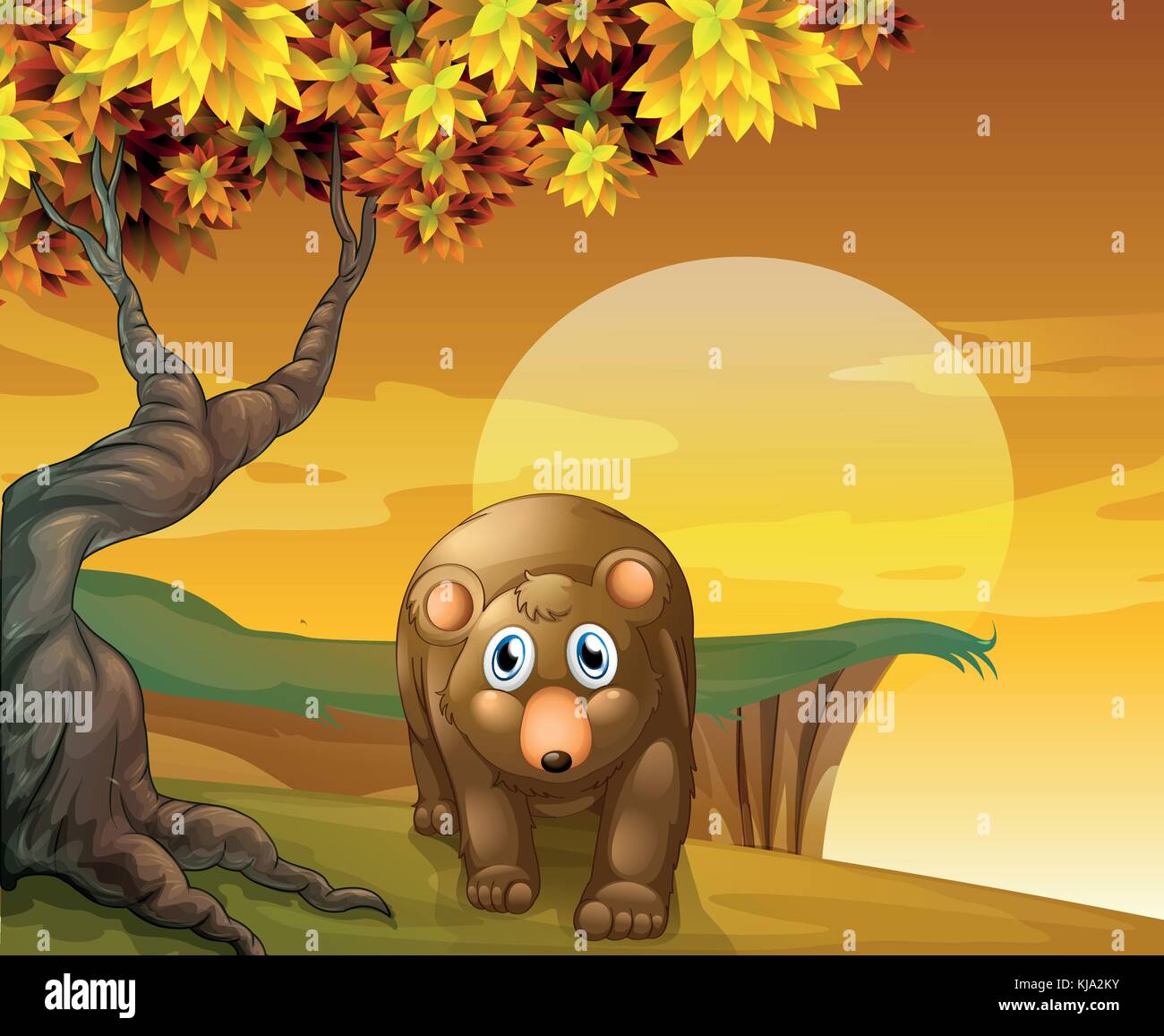 Illustration of a brown bear beside a big tree near the cliff Stock ...