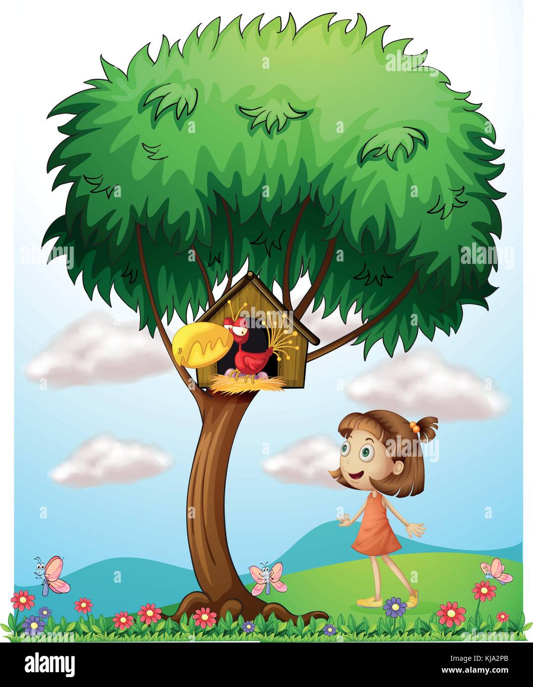 Illustration of a girl in the garden with a bird in a bird house Stock ...