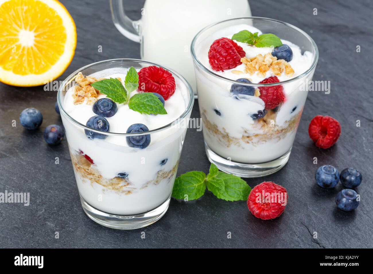 Berry yogurt yoghurt with berries fruits cup muesli slate breakfast ...