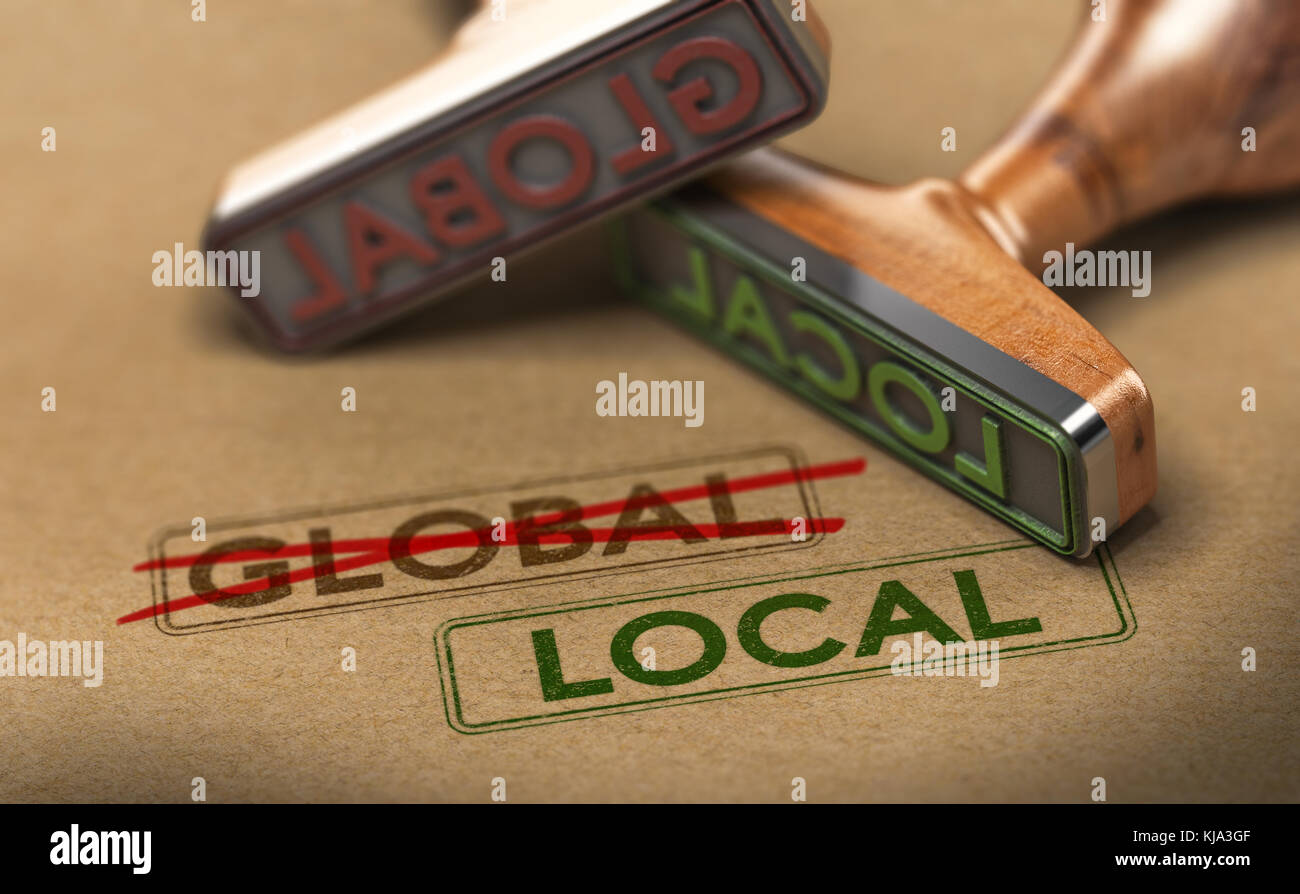 3D illustration of two rubber stamps with words global and local over ...