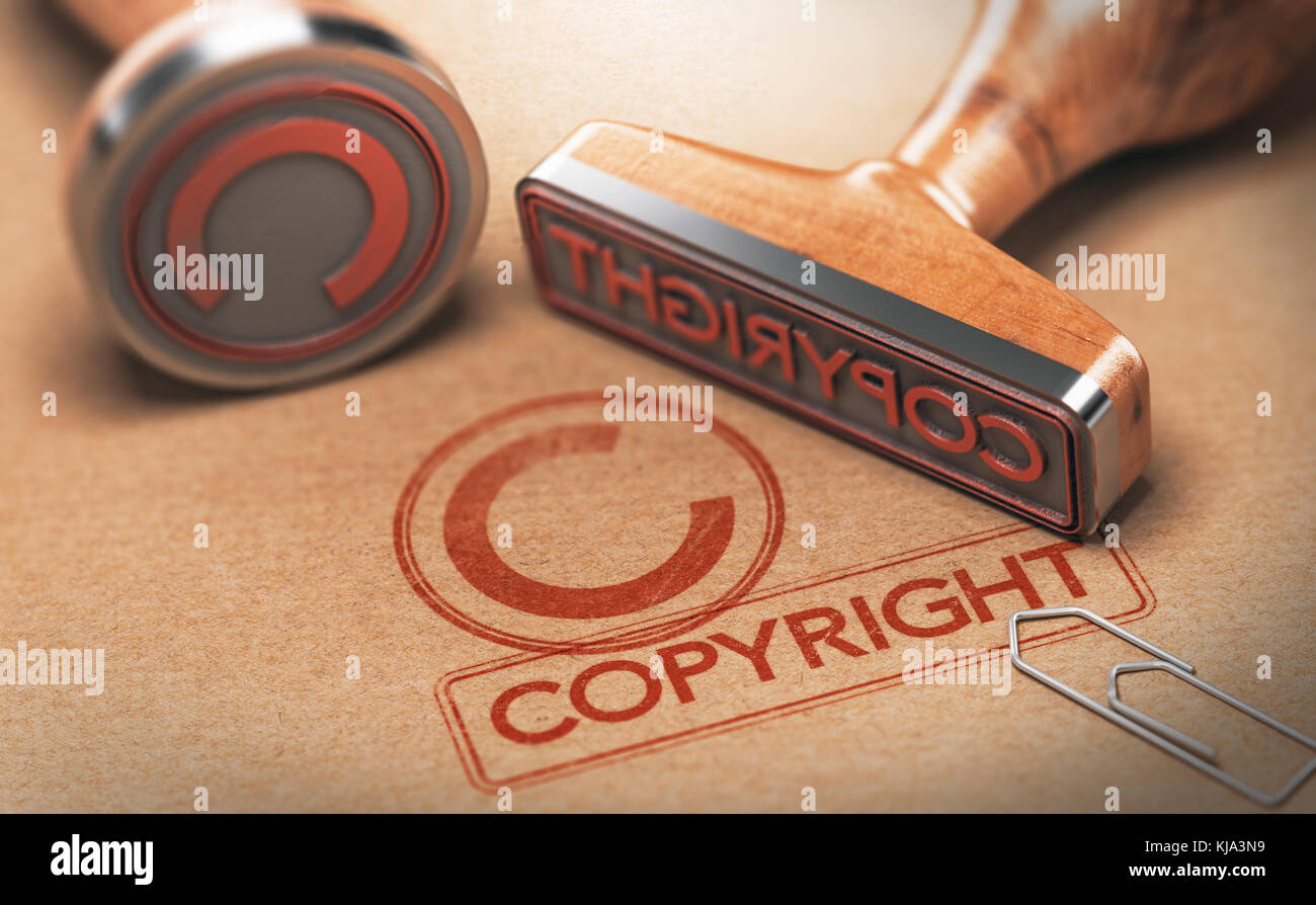 3D illustration of two rubber stamps with copyright word and symbol ...