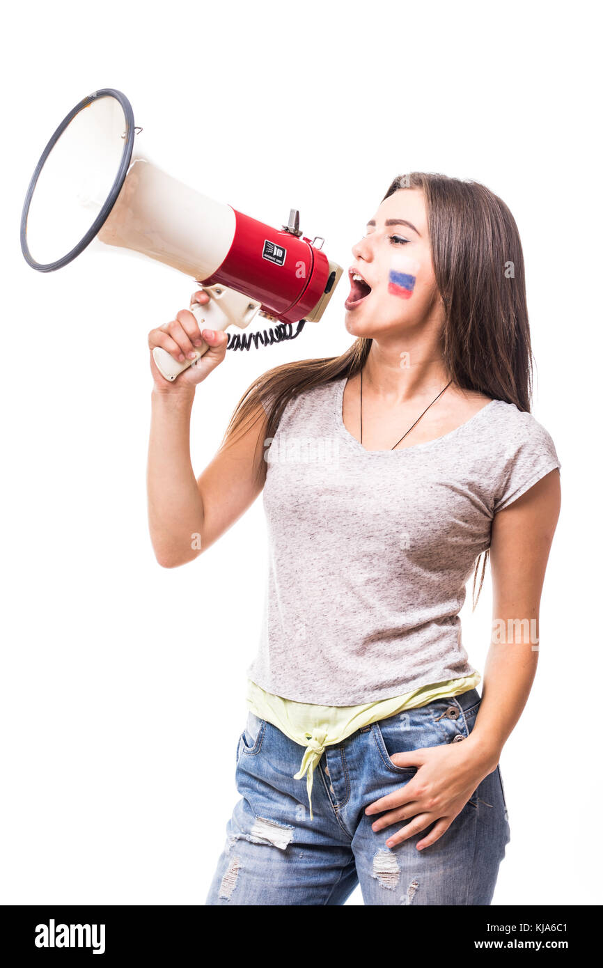 Support Russia. Scream on megaphone Russian football fan in game ...