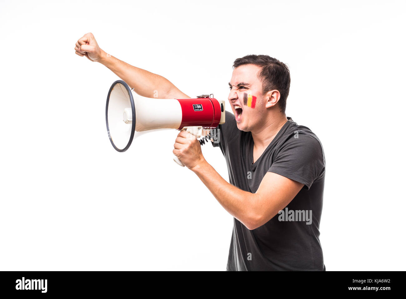 Scream on megaphone Belgium football fan in game supporting of Belgium ...