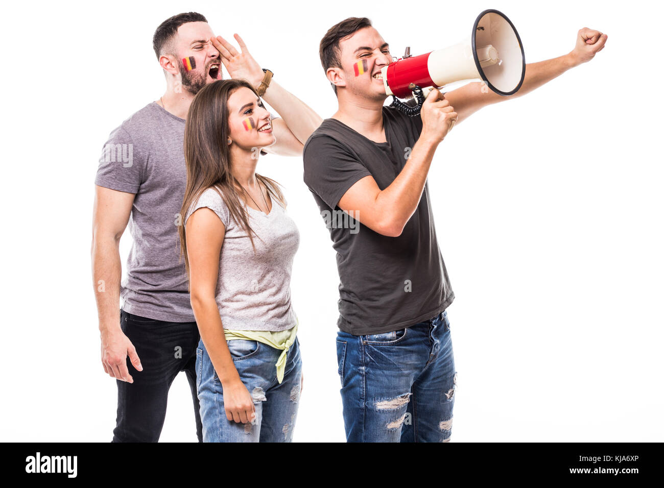Group of football fans support Belgium national team on white ...