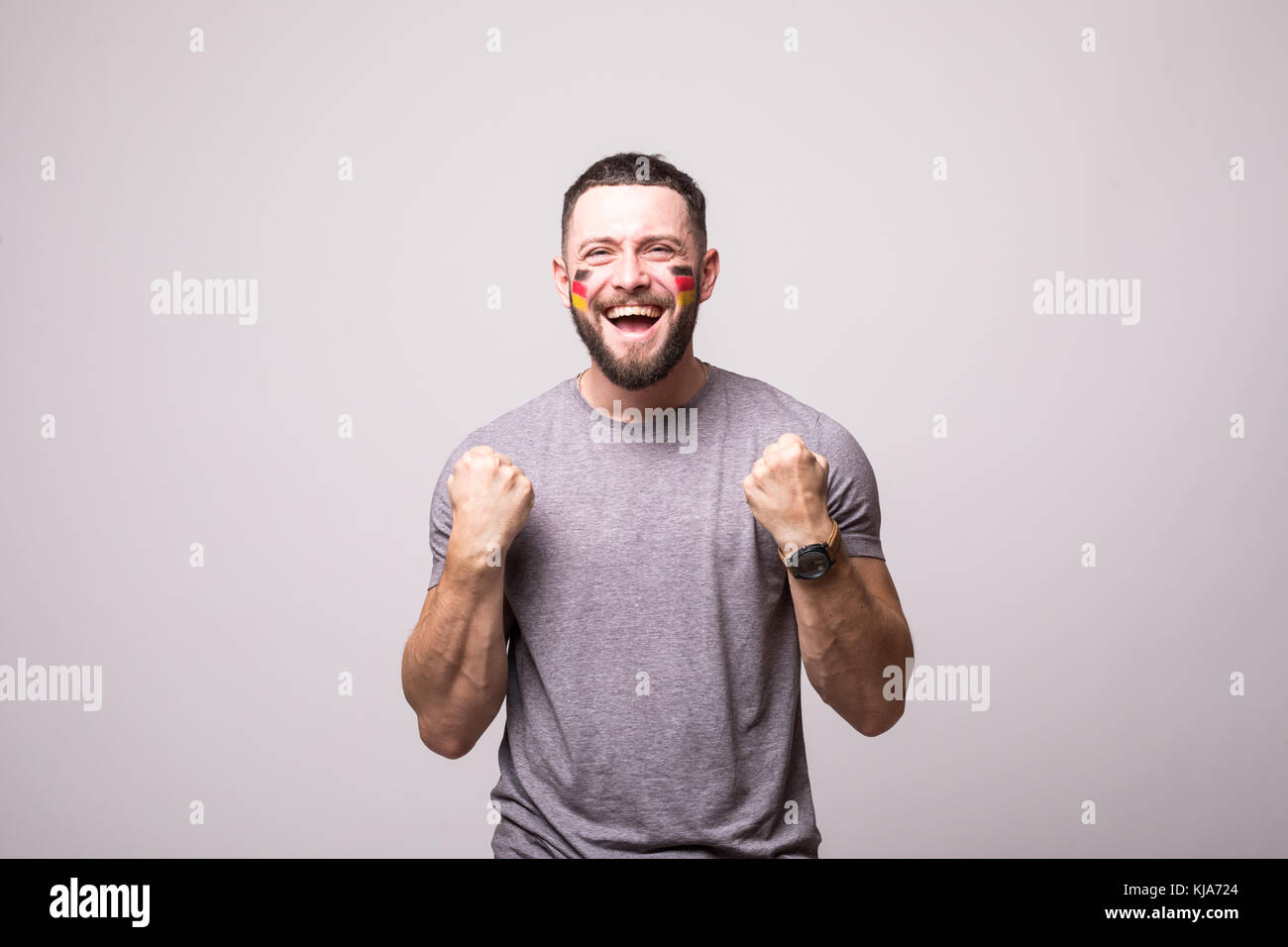 Victory, happy and goal scream emotions of Germany football fan in game ...