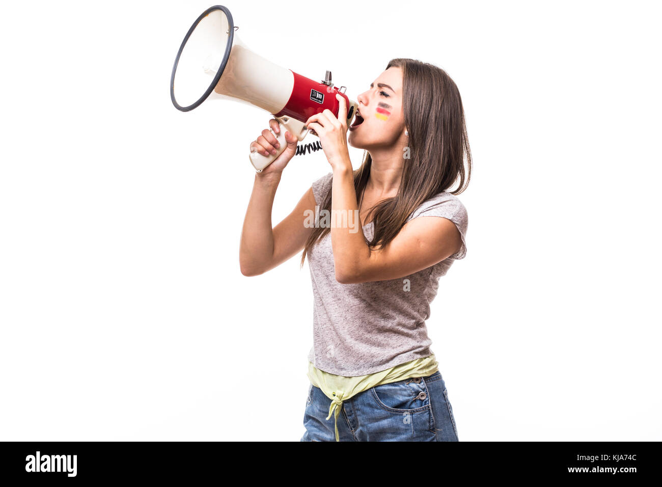 Scream on megaphone Germany football fan in game supporting of Germany ...