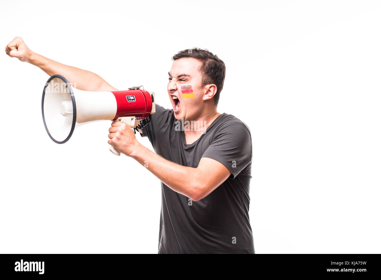 Scream on megaphone Germany football fan in game supporting of Germany ...