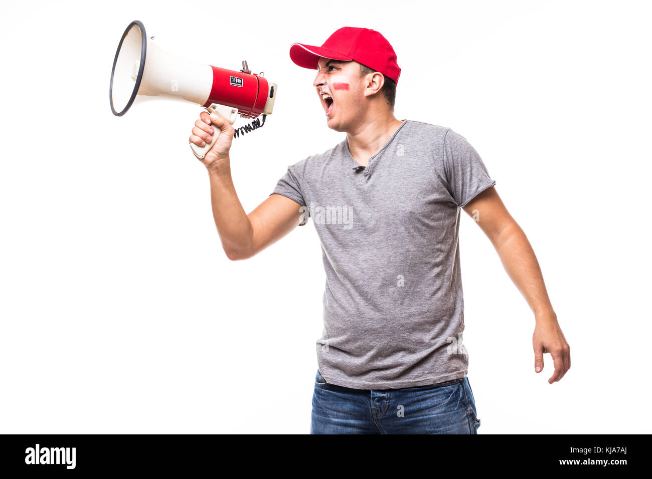 Scream on megaphone Poland football fan in game supporting of Poland ...