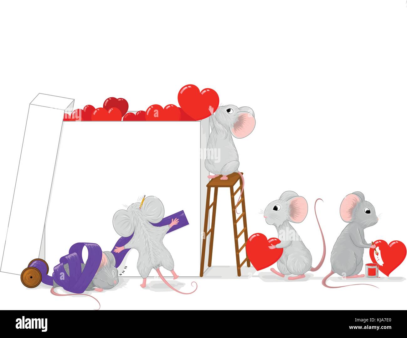 Hand drawn vector illustration of a team of small cute gray mice ...