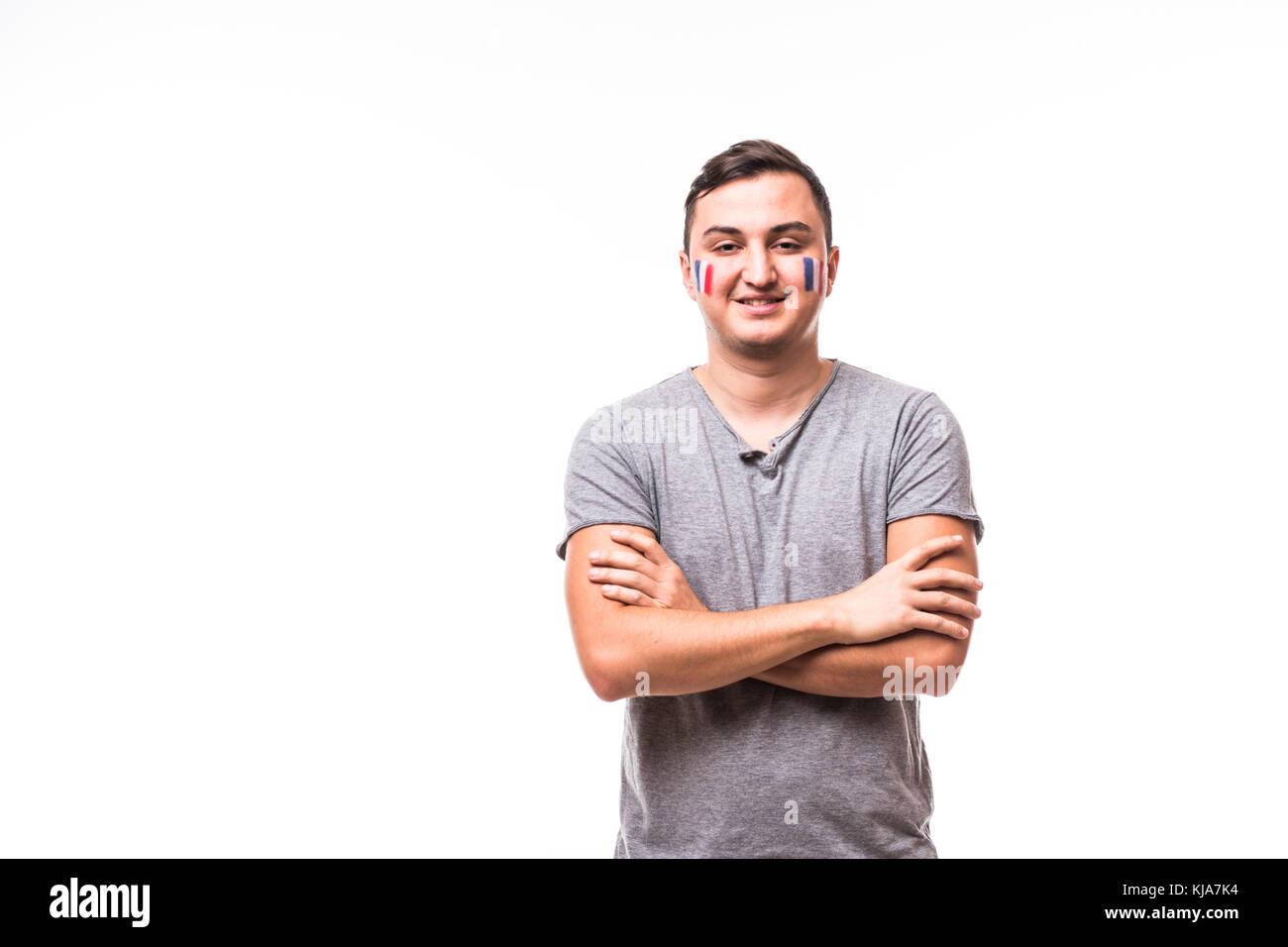 Portrait of France football fan support France national team on white ...