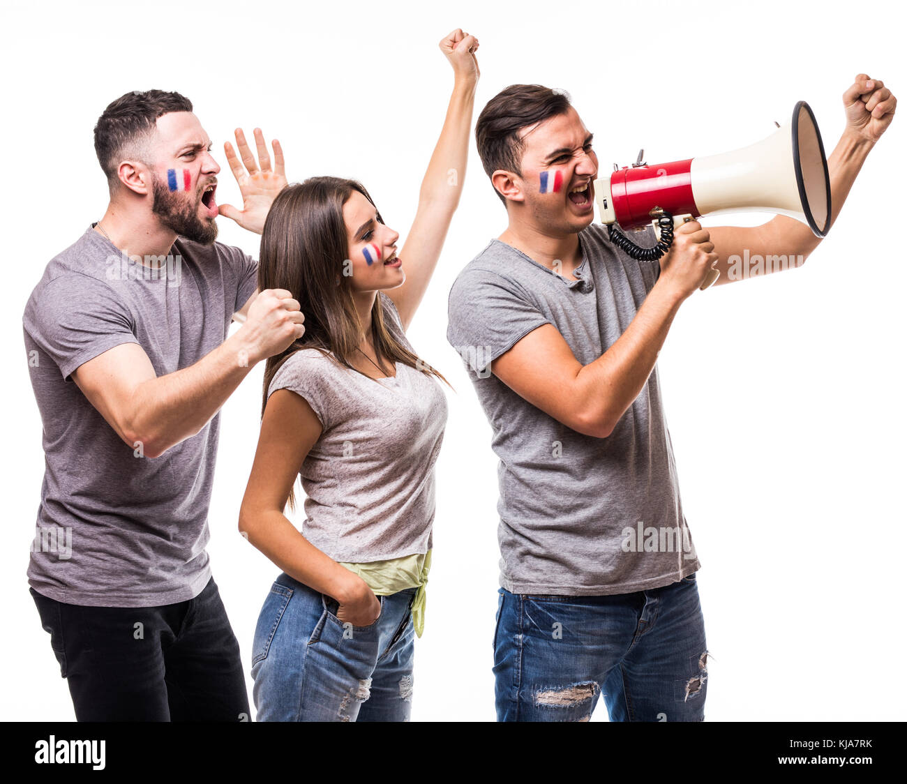 Group of football fans support France national team on white background ...