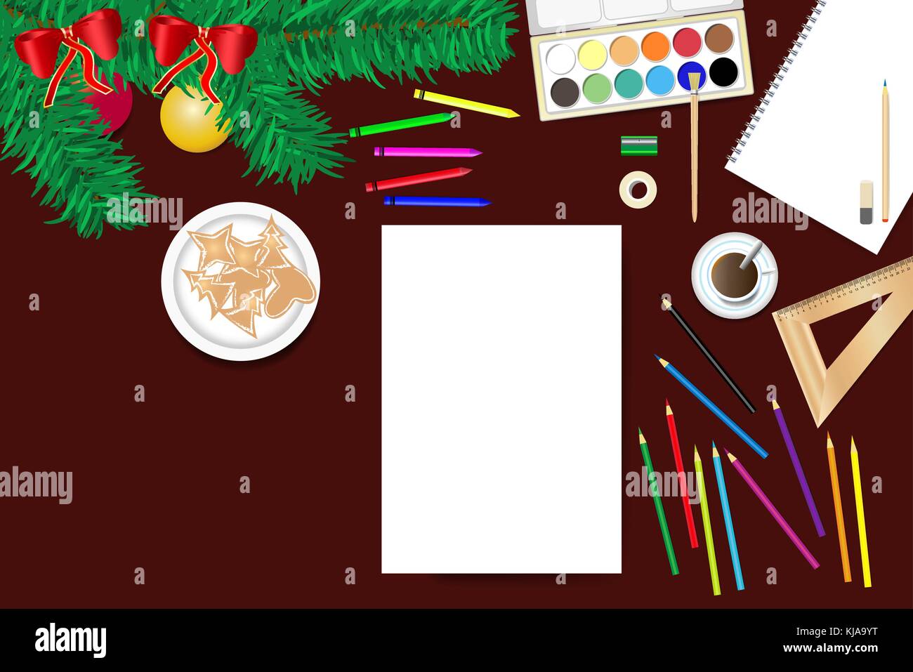 Top view of the wooden desk with Christmas decoration and school ...