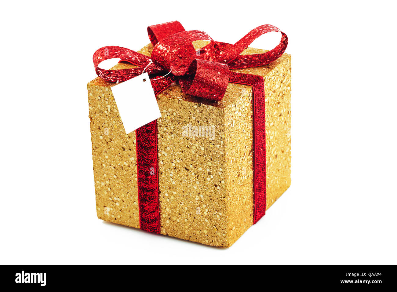 Gold gift box with red ribbon isolated on white background Stock Photo ...