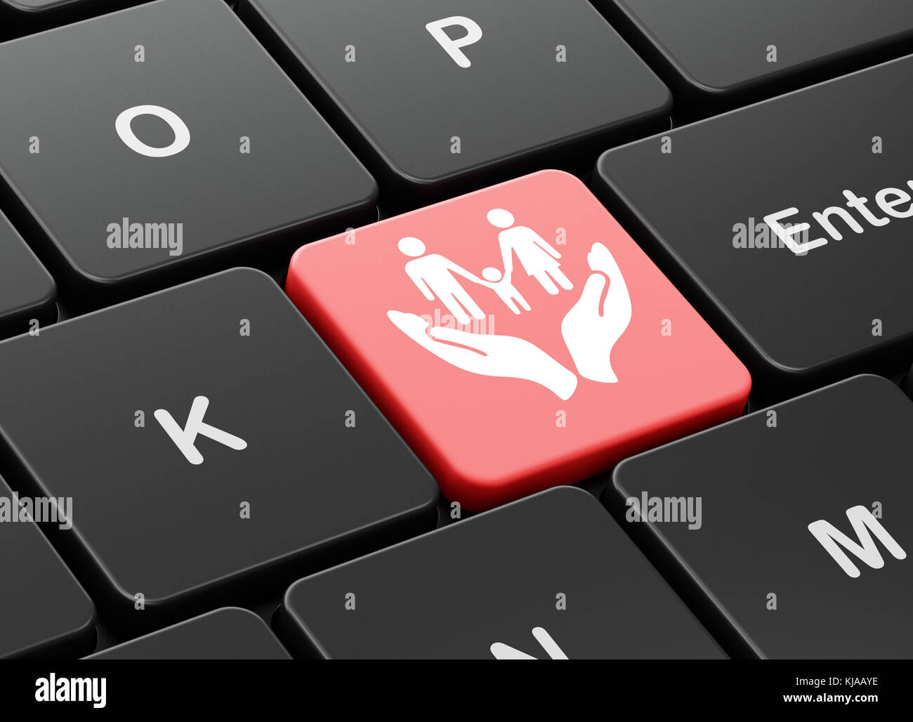 Insurance concept: Family And Palm on computer keyboard background ...