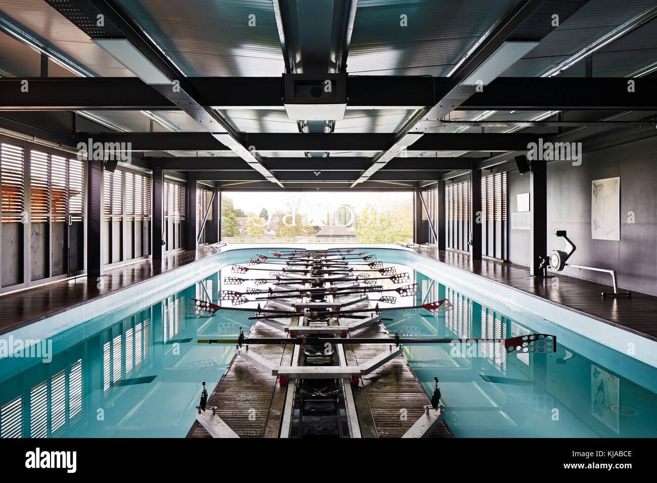 Straight on interior view with lights off. Radley Rowing Centre, Oxford ...