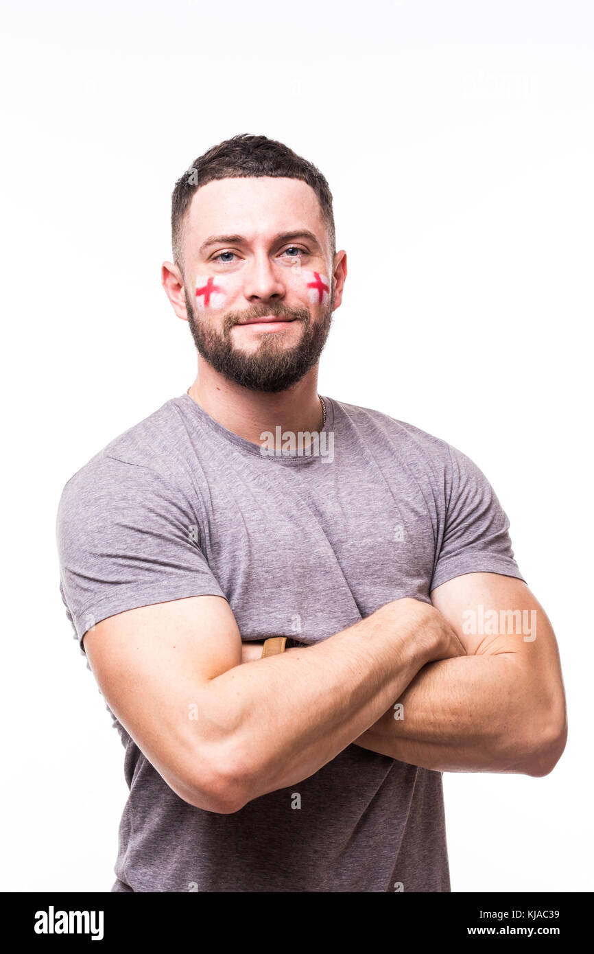 Portrait of England football fan support England national team on white ...
