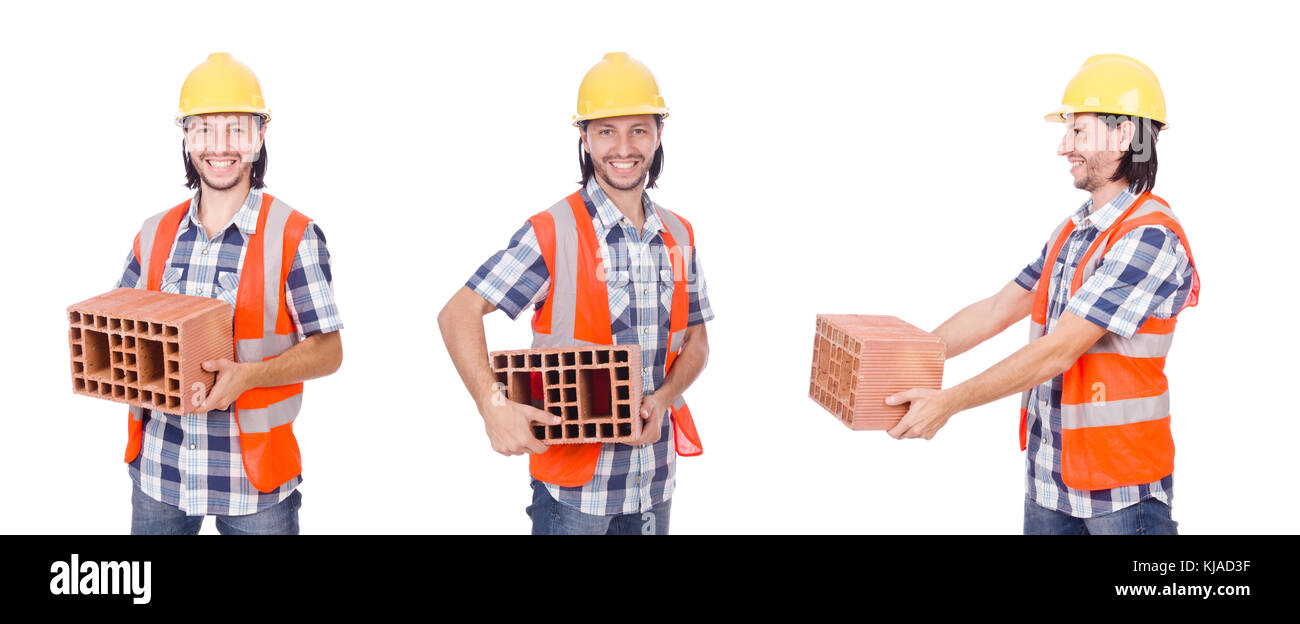 Builder with clay bricks isolated on white Stock Photo - Alamy