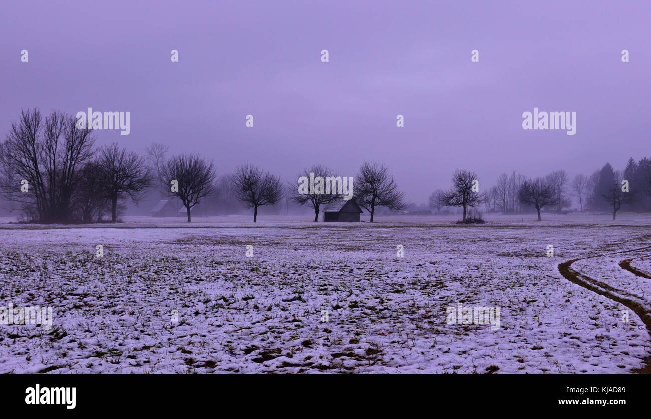 small barn in the field on a rainy day Stock Photo - Alamy