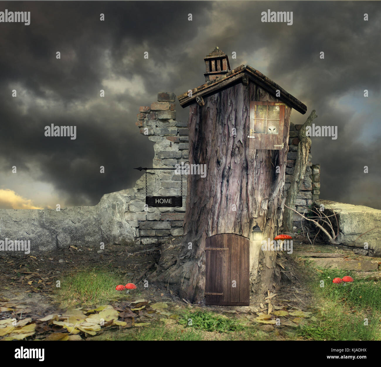 Fantasy landscape with a tree with door window and roof like a house ...