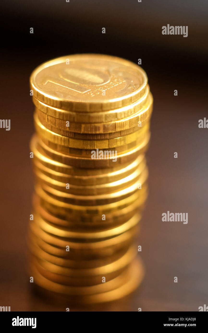 Golden russian ruble coins pile. Russian currency. Financial concept ...