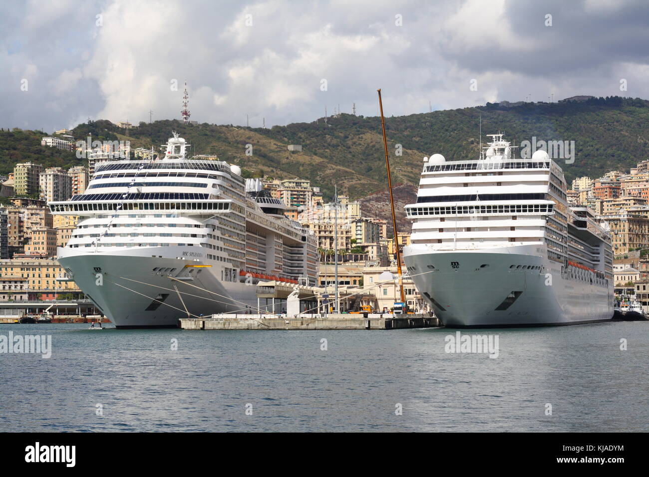 A giant tirrenia ferry in the port of Genova, Italy, at night, ready to ...