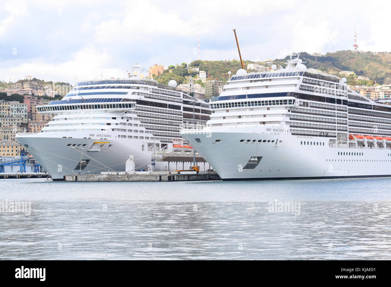 A giant tirrenia ferry in the port of Genova, Italy, at night, ready to ...