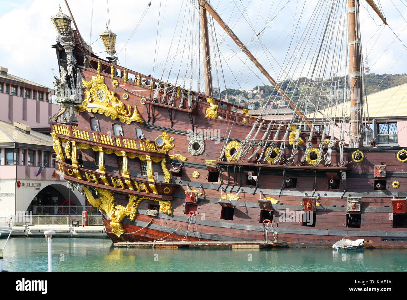 An old classic wooden pirate sailing ship in the port of Genova, as a ...