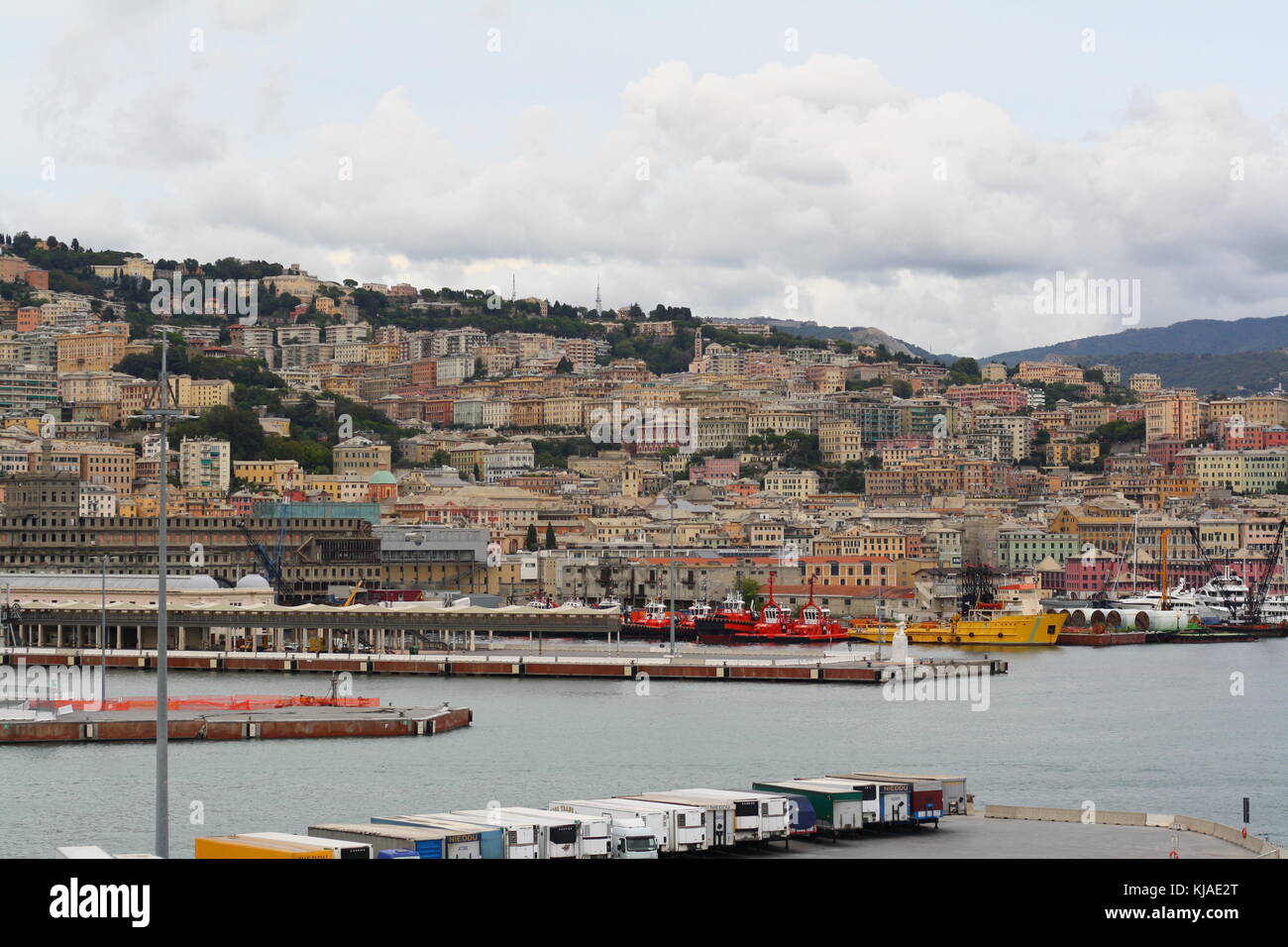 The panorama view of Genova City in Italy, from the port Stock Photo ...