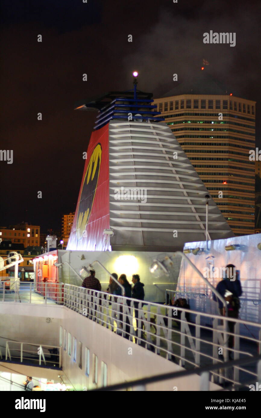 A giant moby lines ferry in the port of Genova, Italy, at night, ready ...