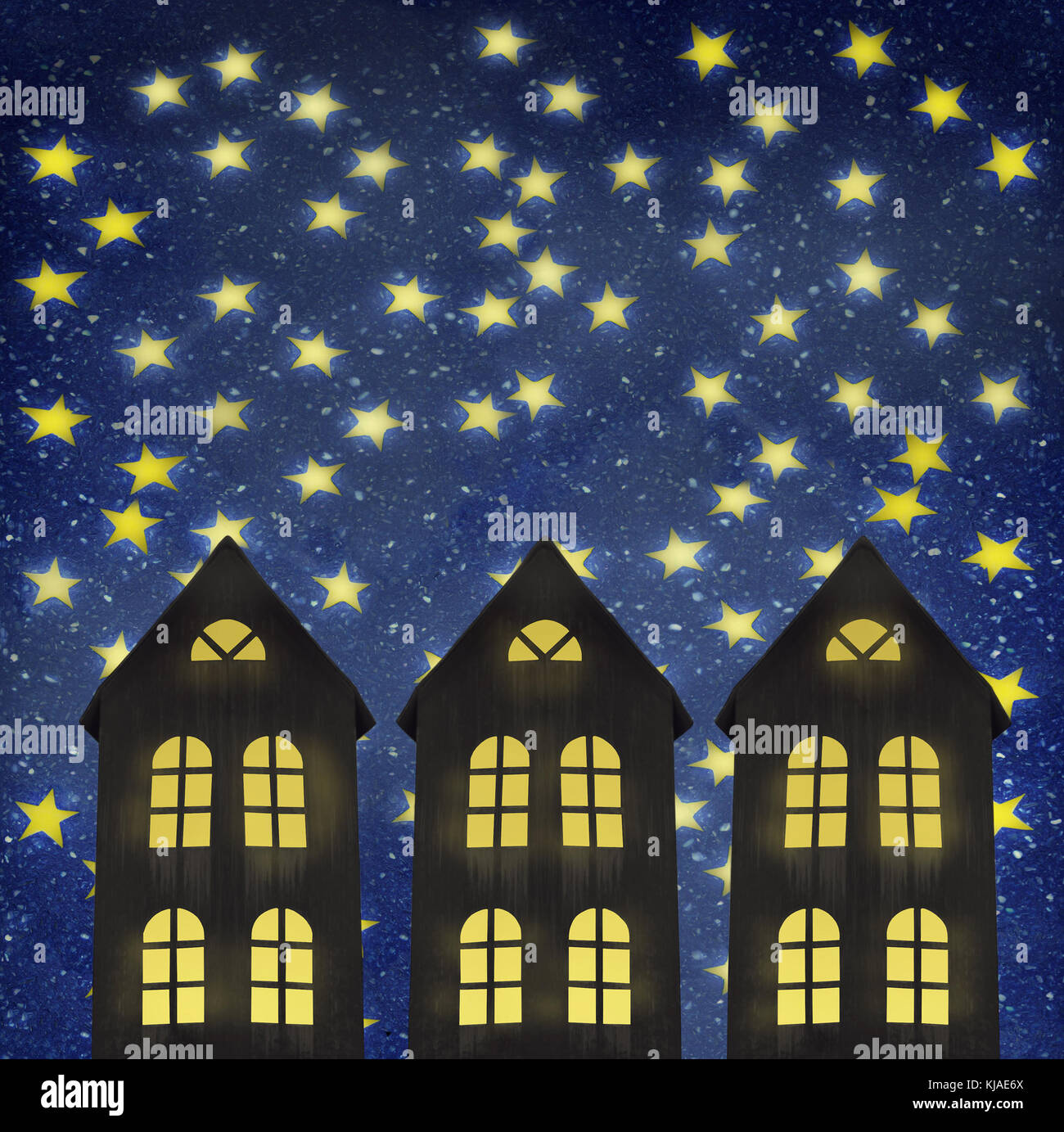 Illustrative image representing three building at night with a ...