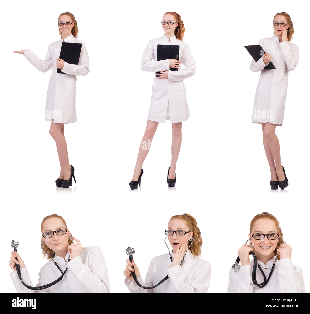 Pretty female doctor holding diary isolated on white Stock Photo - Alamy