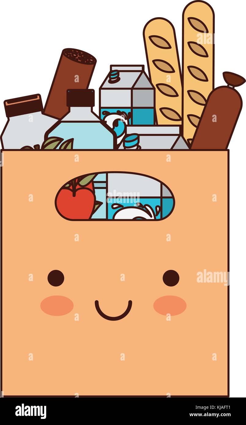 kawaii rectangular paper bag with handle and foods sausage and bread ...