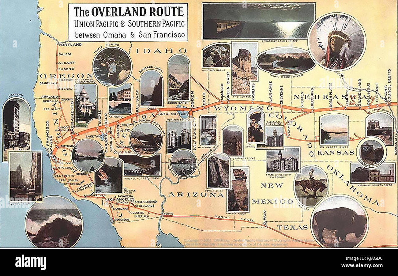 THE OVERLAND ROUTE American railroad map 1908 Stock Photo - Alamy