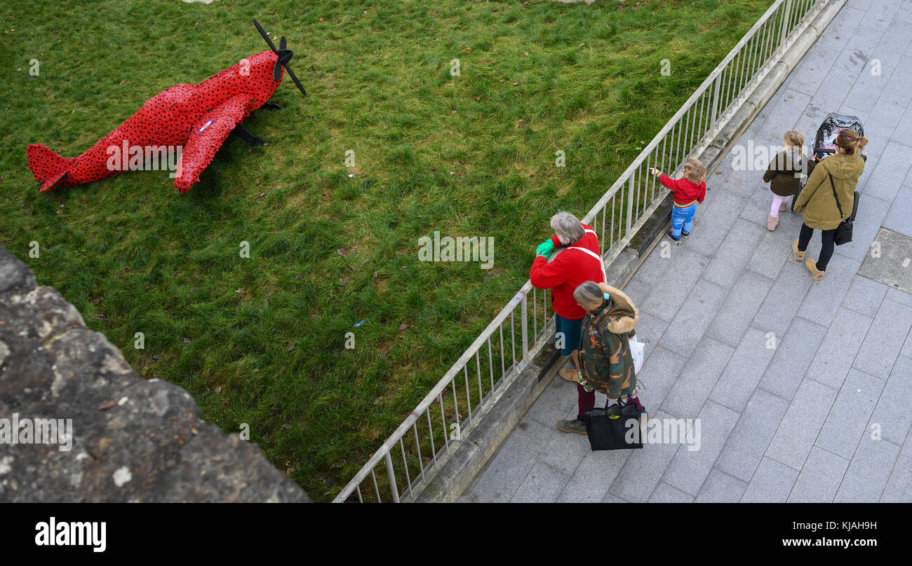 A model memorial spitfire made out of poppies in Southampton England ...