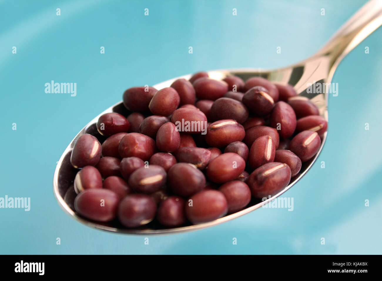 Raw red beans on a spoon with light-blue background Stock Photo - Alamy