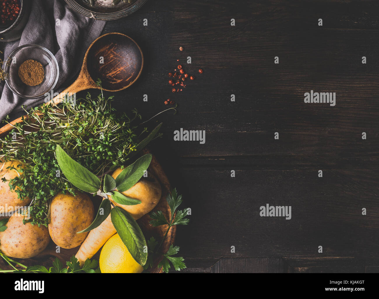 Food and cooking background with vegetables , flavor herbs and cooking ...