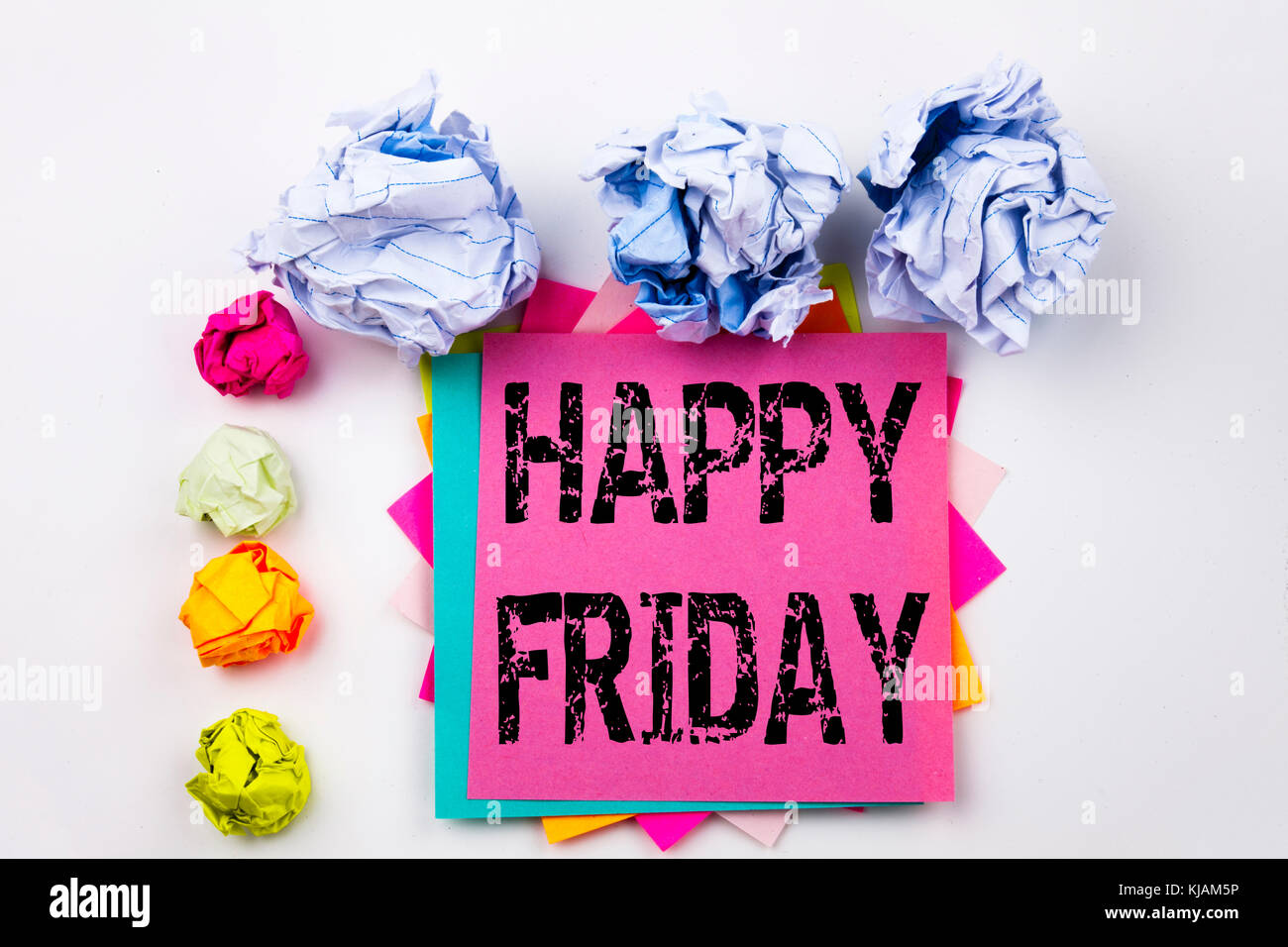 Writing text showing Happy Friday written on sticky note in office with ...