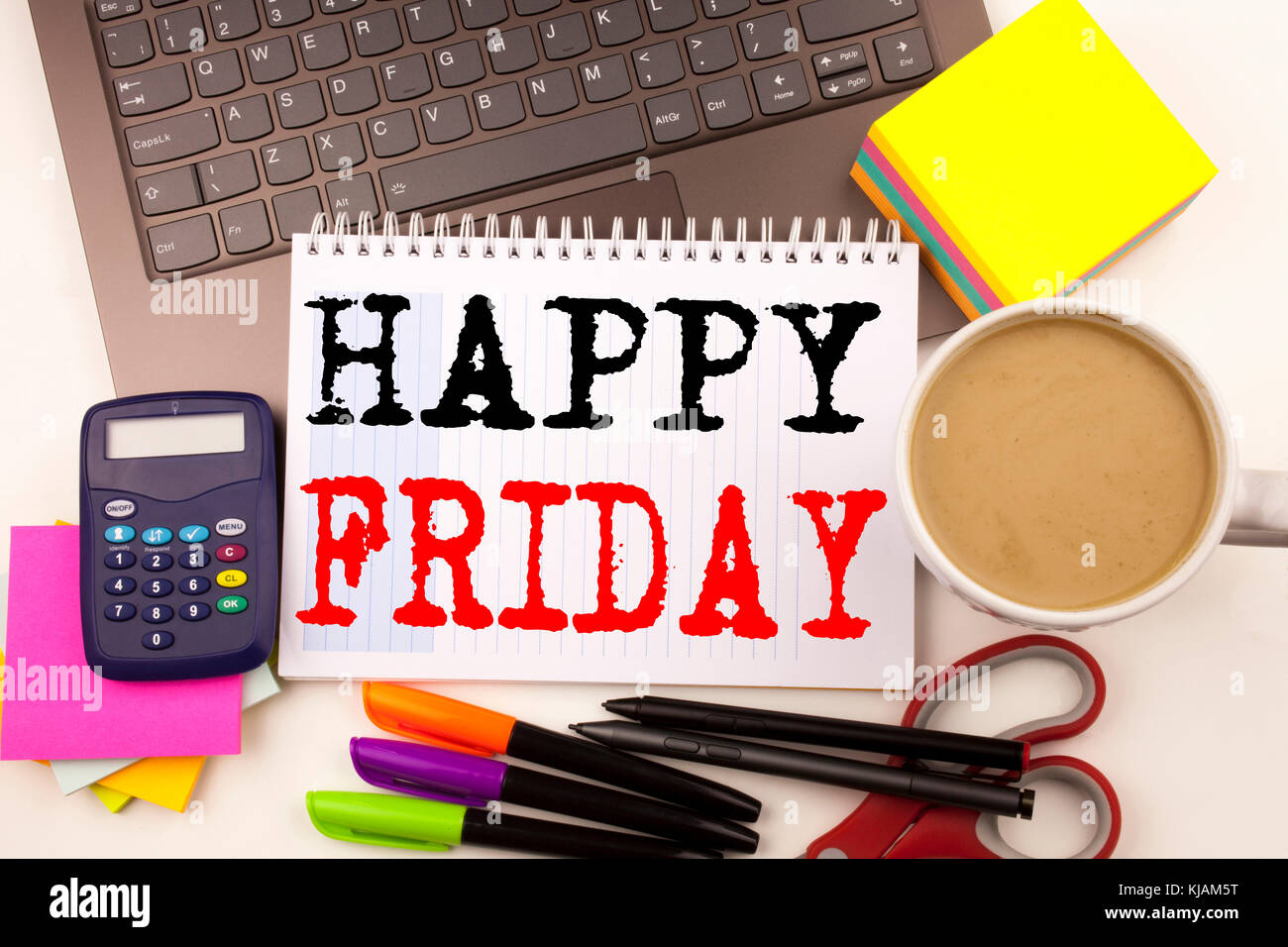 Word writing Happy Friday in the office with surroundings such as ...