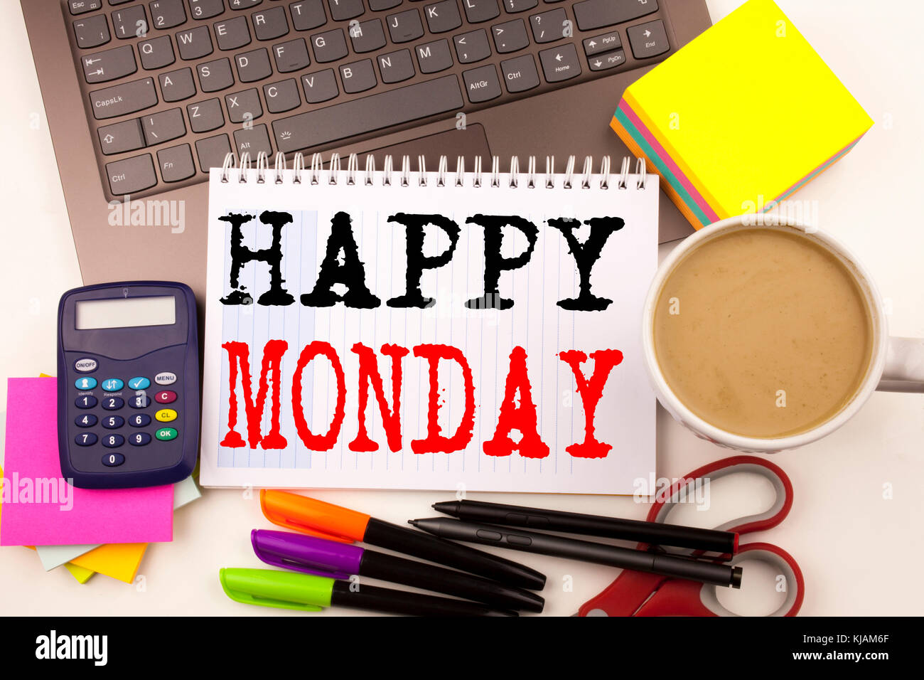 Word writing Happy Monday in the office with surroundings such as ...